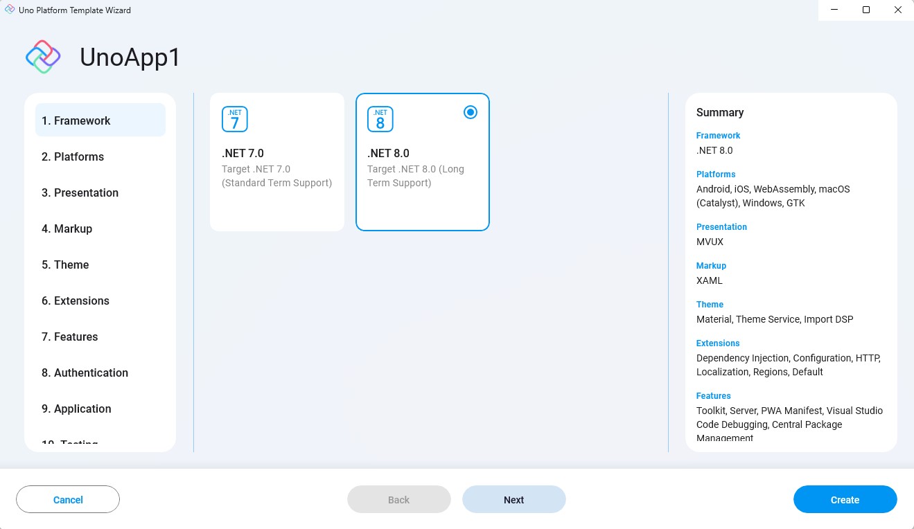 Framework tab in the wizard Framework tab in the wizard